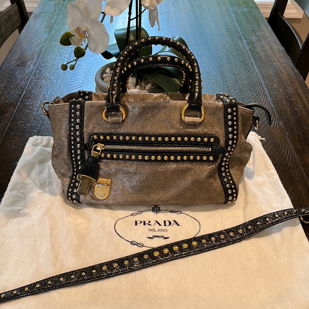 Authentic Prada Glazed Calf Studded Satchel - Gem